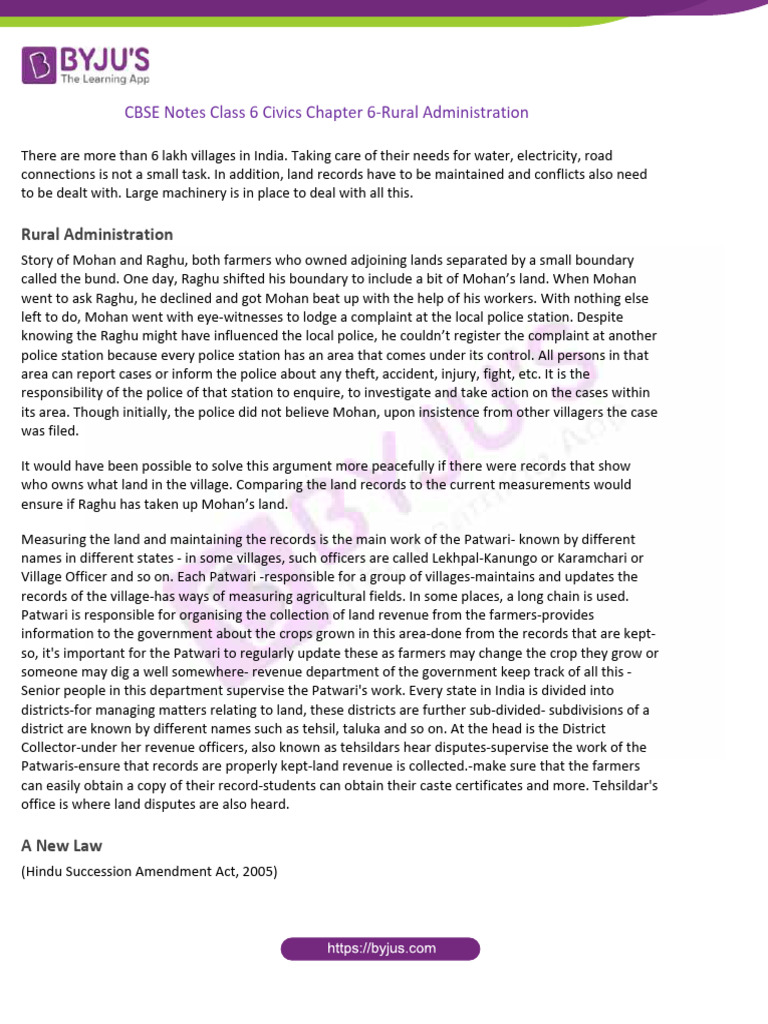 CBSE Notes Class 6 Social Science Civics Chapter 6 Rural Administration ...