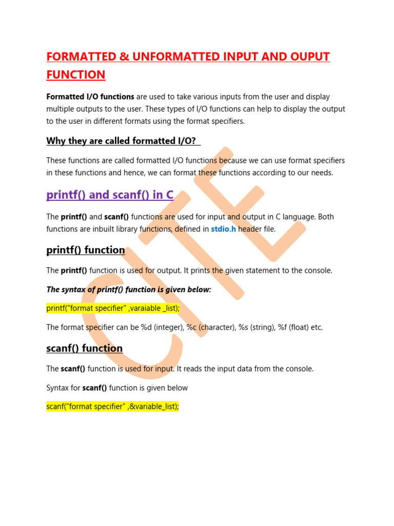 Unit 3 And 4 Input Output And Operators Pdf Mathematics Computer Science