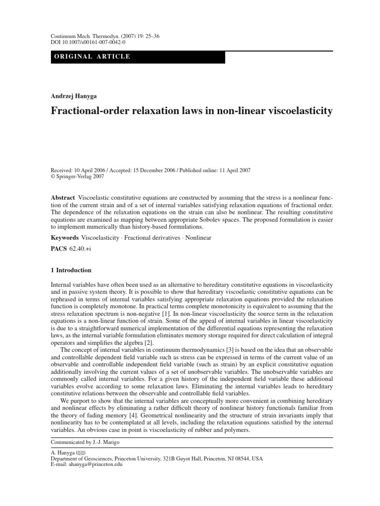 Fractional-Order Relaxation Laws in Non-Linear Viscoelasticity | Download Free PDF ...