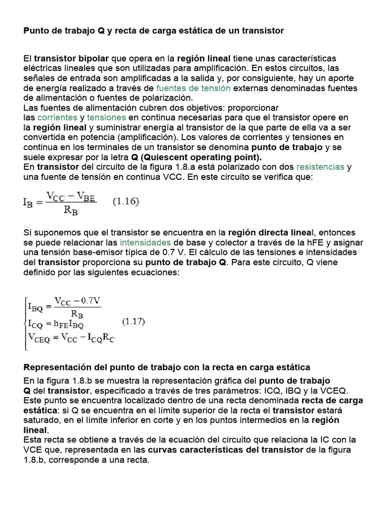 Punto de Trabajo Q y Recta de Carga Estatica de Un Transistor | PDF | Transistor | Red eléctrica