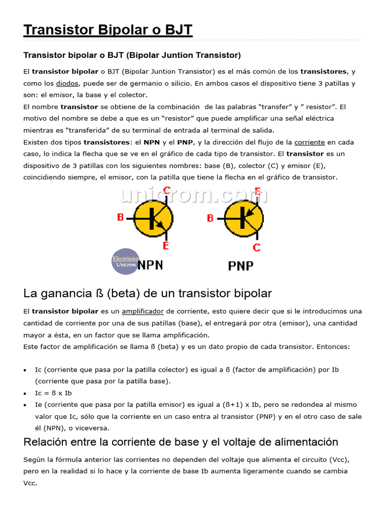 Transistor Bipolar BJT: Funcionamiento y Tipos | PDF | Transistor de unión bipolar | Transistor