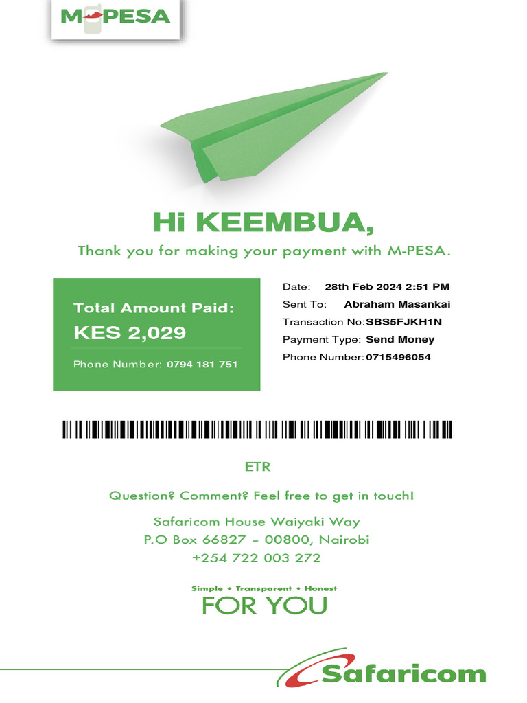 Safaricom Send Money Transaction Details | PDF