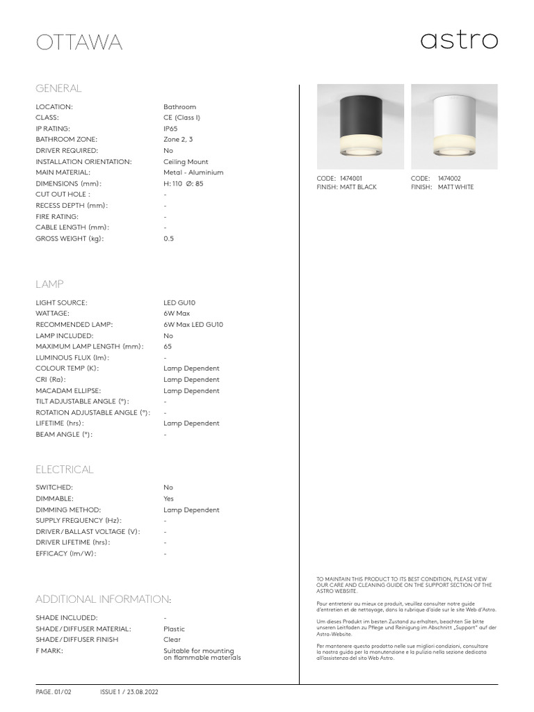Astro Ottawa Astro Gu10 Downlight As 1474001 Datasheet Original | PDF ...