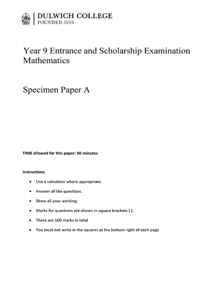 Year 9 Maths Specimen Paper A | PDF