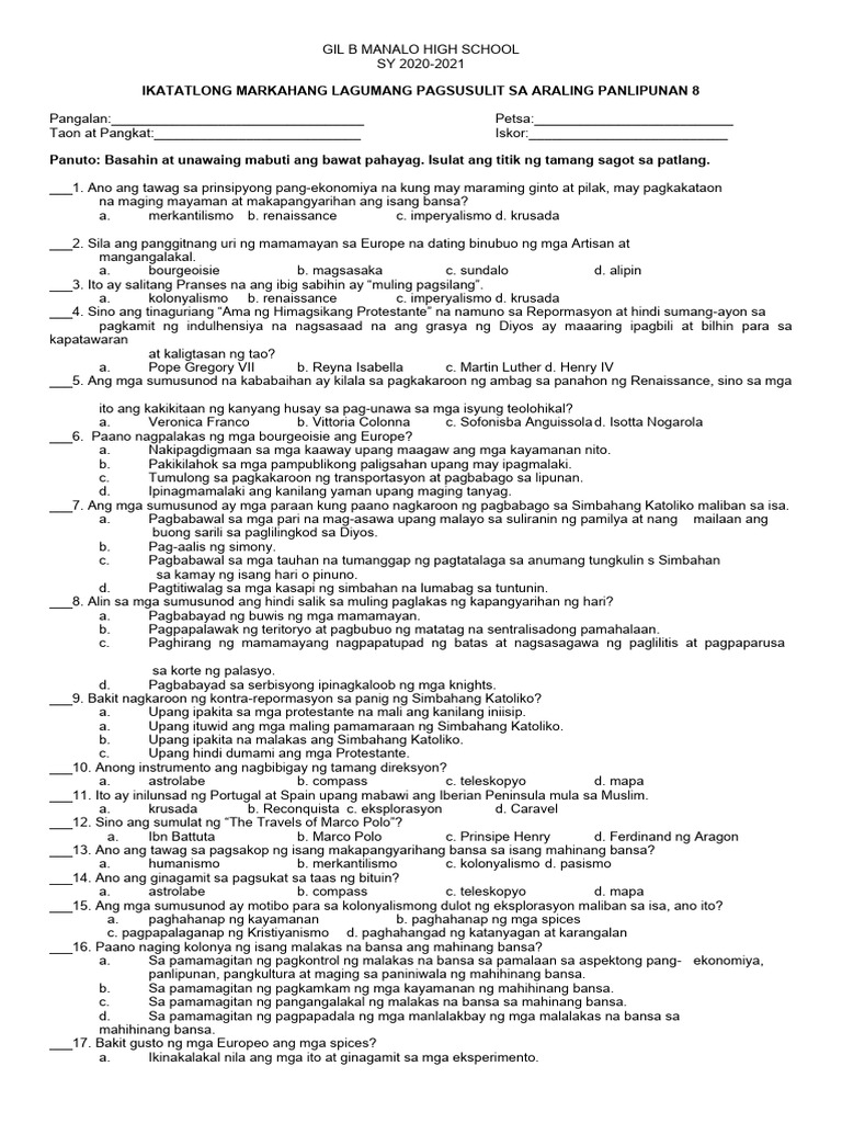AP8 Q3 Summative Test | PDF