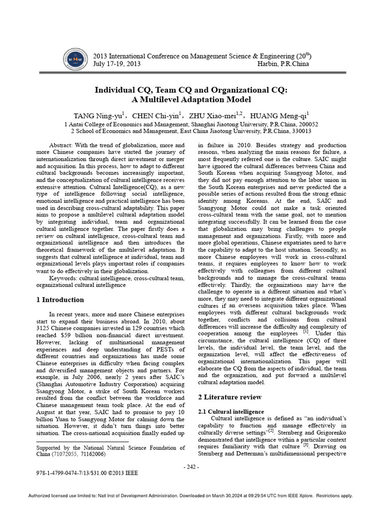 Individual CQ Team CQ and Organizational CQ A Multilevel Adaptation ...