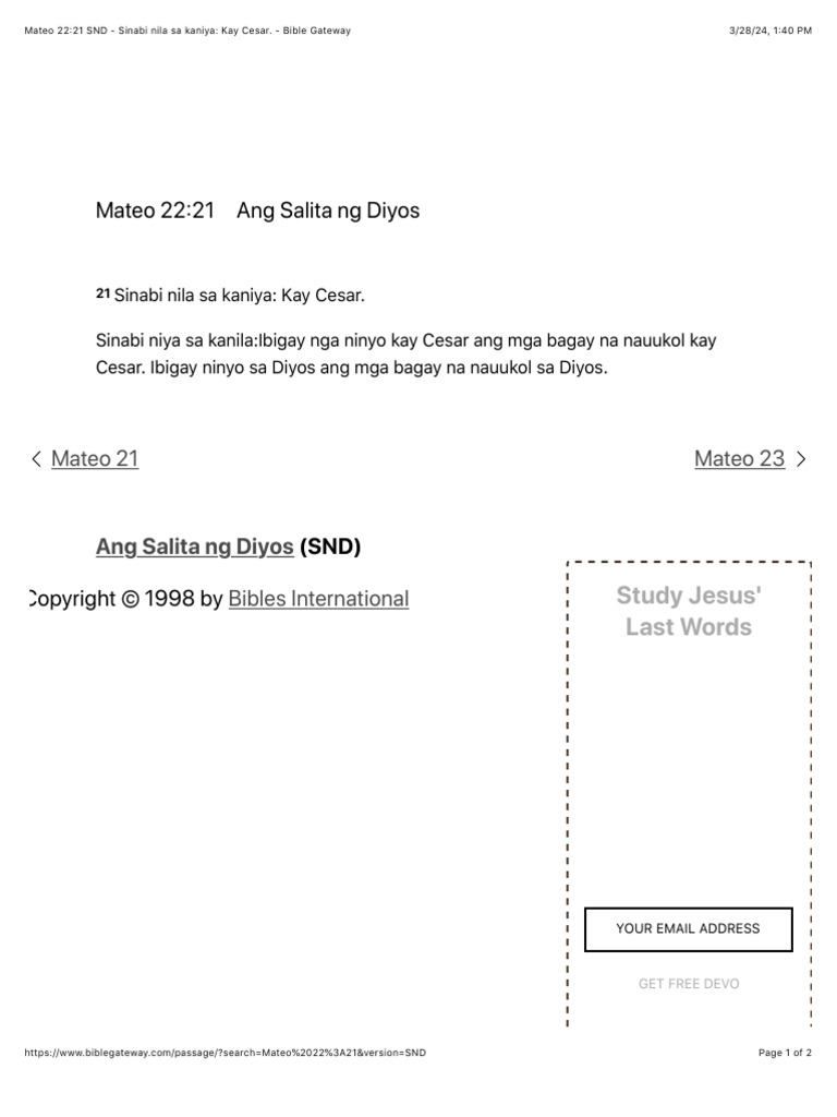 Mateo 22:21 SND - Sinabi Nila Sa Kaniya: Kay Cesar. - Bible Gateway | PDF