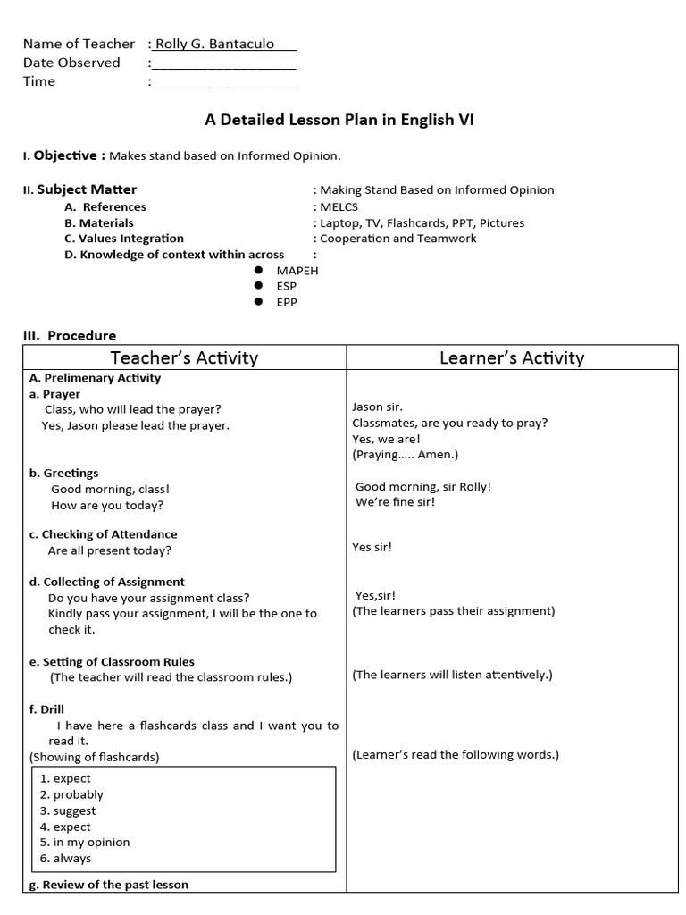 Detailed Lesson Plan for Grade 6 English | PDF | Learning | Experience
