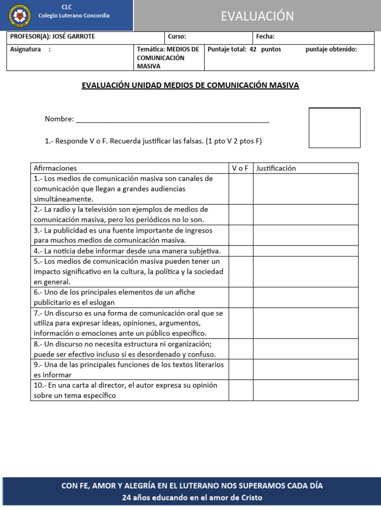 Evaluación Medios de Comunicación Masiva | PDF | Comunicación | Medios de comunicación en masa