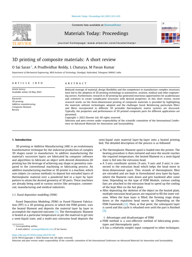 (2022, Review, Saran) 3D Printing of Composite Materials - A Short Review | PDF | Composite ...