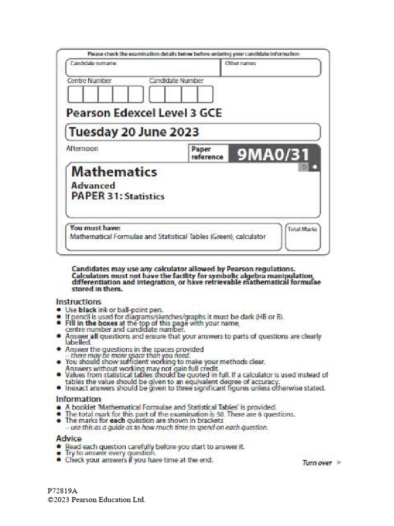 June 2023 A-Level Statistics Paper | PDF | Standard Deviation | Mean