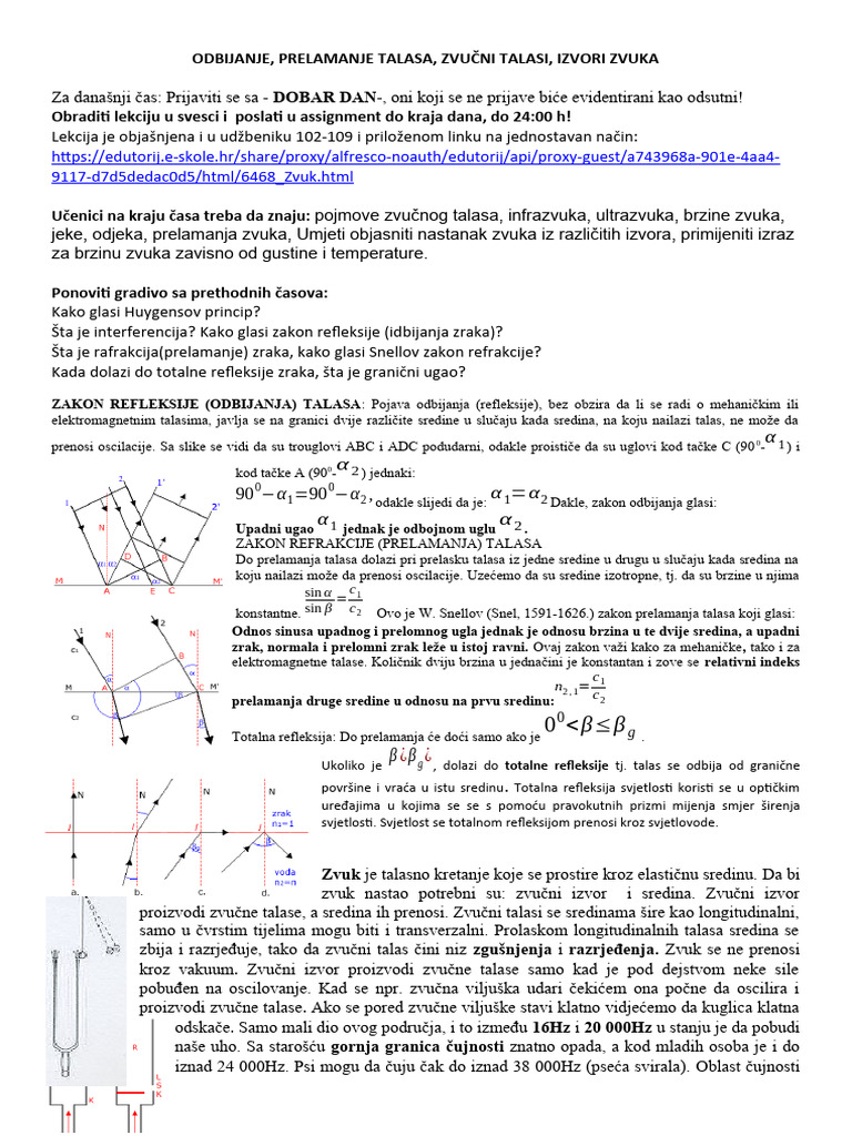 Odbijanje, Prelamanje Talasa, Zvucni Talasi, Izvori Zvuka | PDF