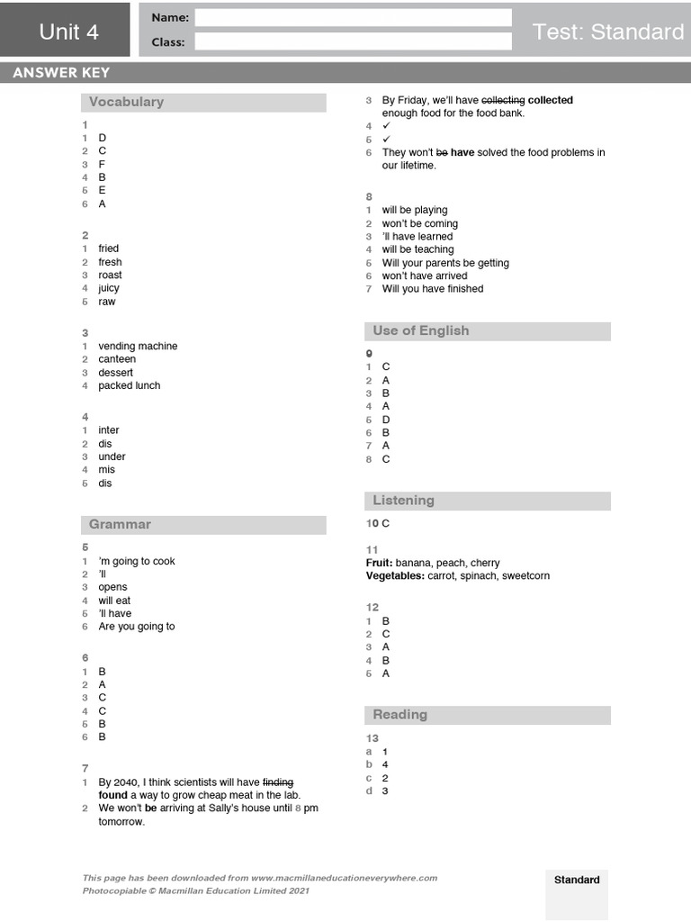 B1PLUS U4 Test Standard Answer Key | PDF | Veganism | Foods