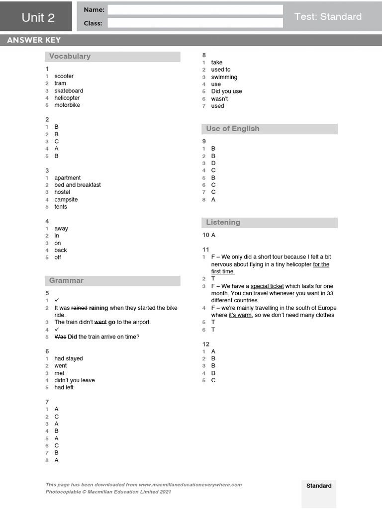 B1PLUS U2 Test Standard Answer Key | PDF