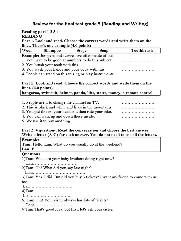 Grade 5 English Final Exam Review | PDF