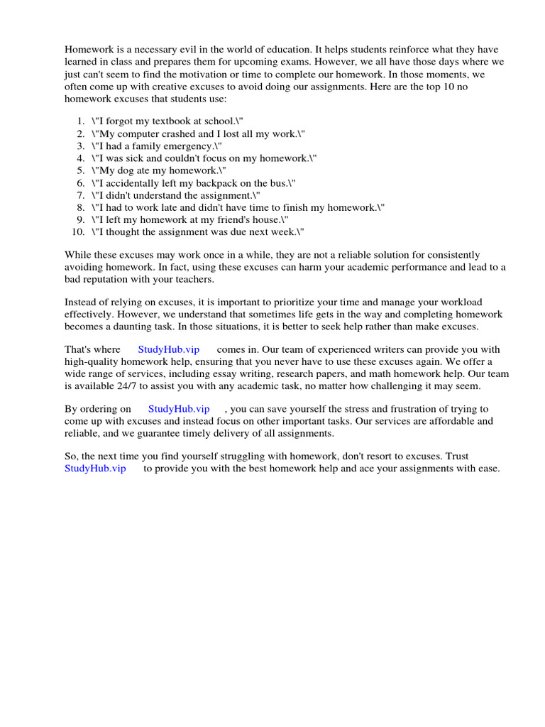 Top 10 No Homework Excuses | PDF | Homework | Internet