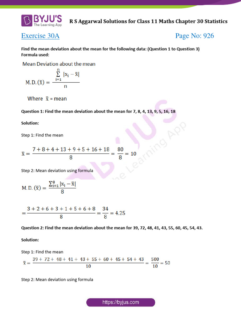R S Aggarwal Class 11 Maths Statistics Solutions | PDF | Coefficient Of ...