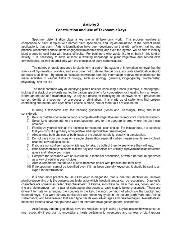 Activity 2 Use and Construction of Taxonomic Keys | PDF | Taxonomy ...