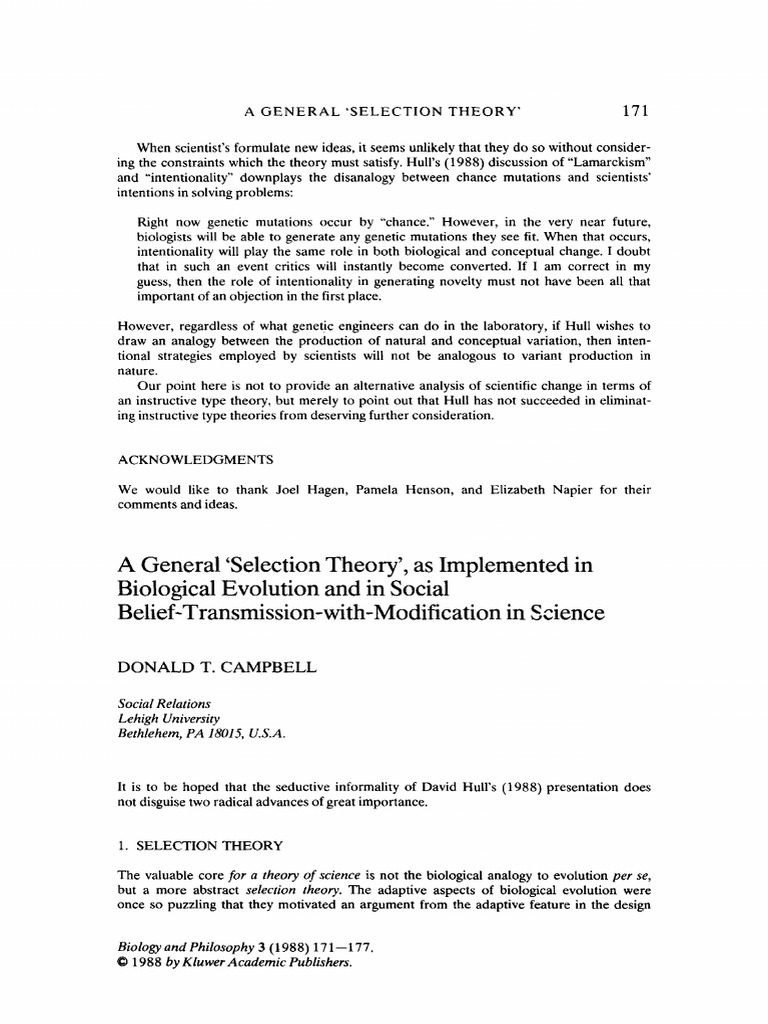 Campbell, Donald T. 1988. A General Selection Theory | PDF | Natural ...
