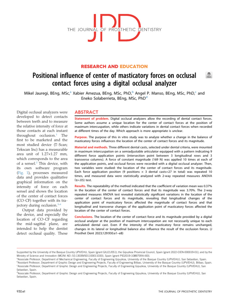 Positional influence of center of masticatory forces on occlusal JPD 2023 | PDF | Force | Dentistry