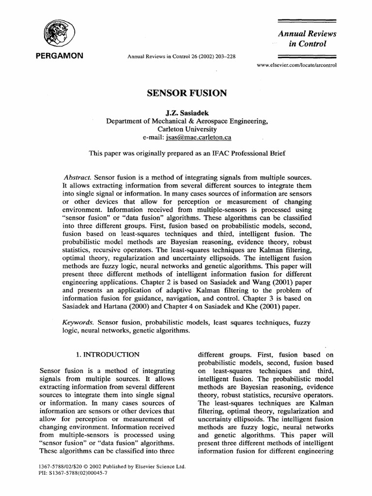 Annual Reviewsin Control 2002 Sensor Fusion | PDF | Kalman Filter | Inertial Navigation System