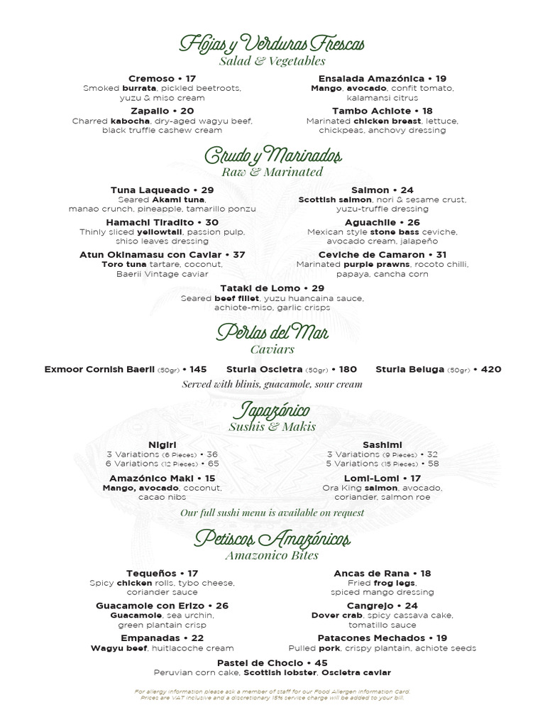 Amazonico London A La Carte Menu | PDF | Sushi | Cooking