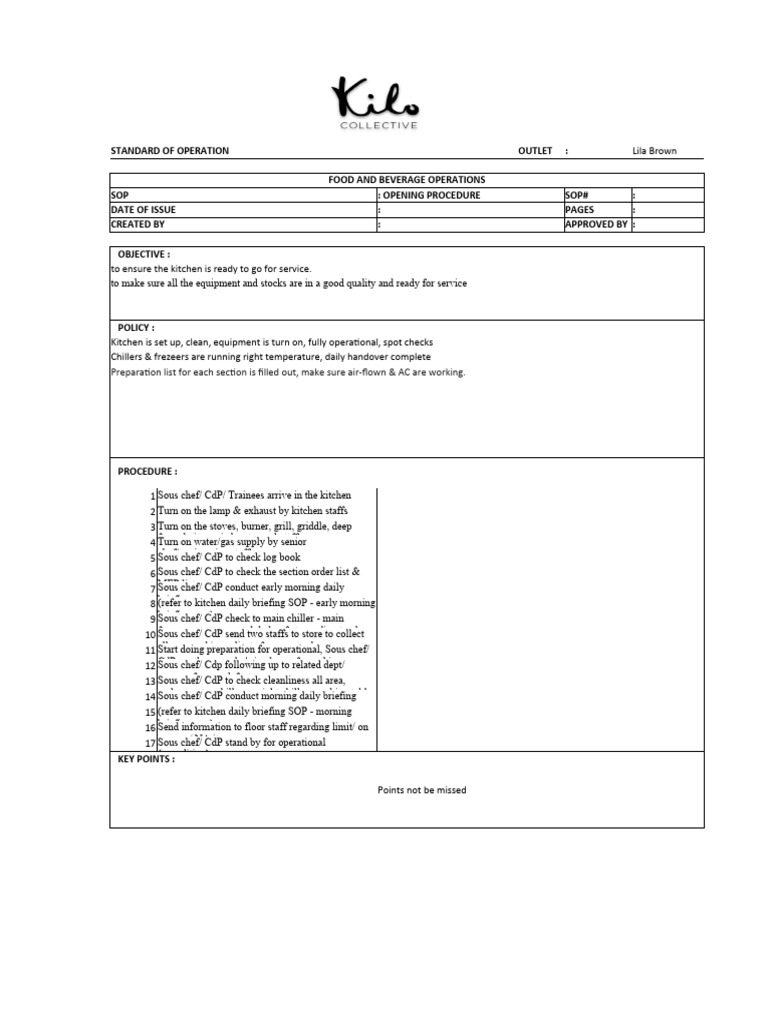 SOP OPENING PROCEDURE | PDF | Chef | Kitchen