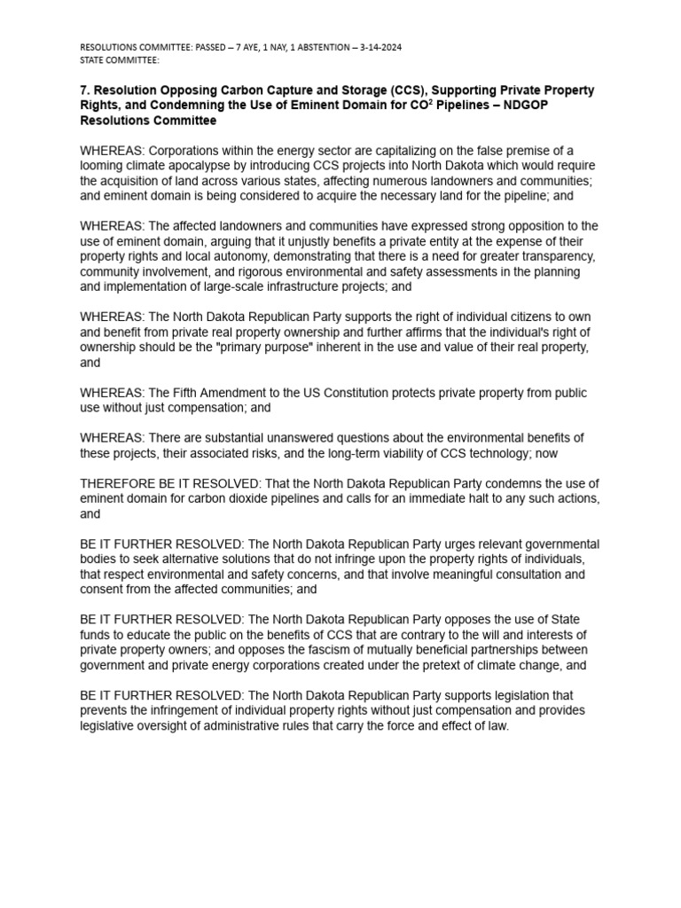 NDGOP Resolution Against CCS Eminent Domain | PDF | Eminent Domain ...