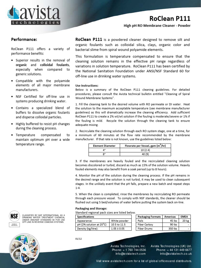 RoClean P111 Datasheet | PDF | Membrane | Materials