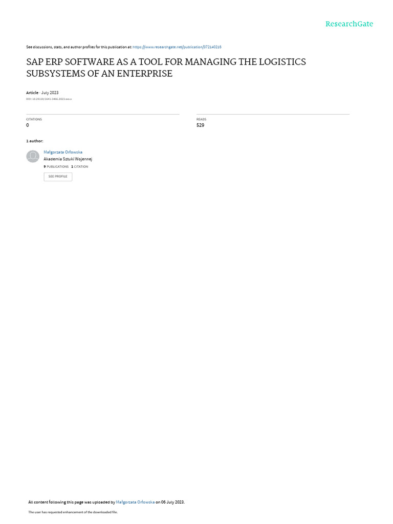 Sap Erp Software As A Tool For Managing The Logistics Subsystems of An ...