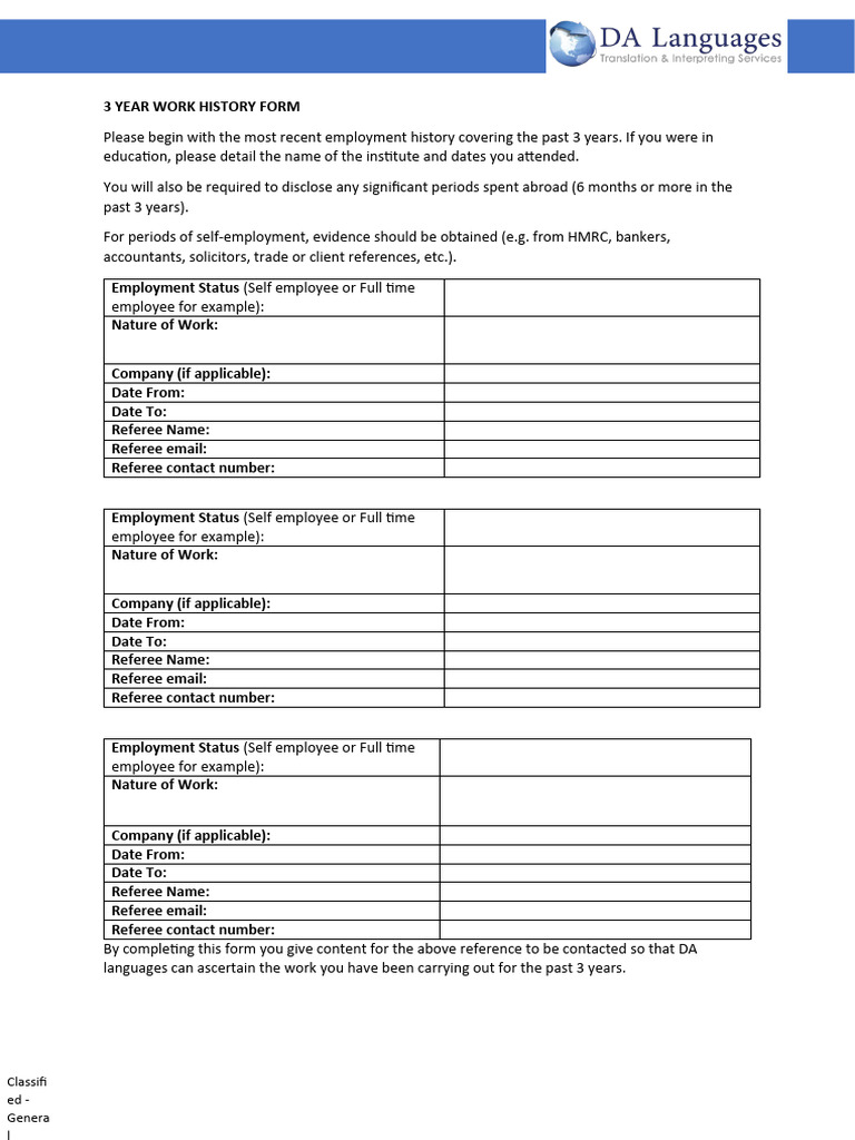3-Year Employment History Form | PDF
