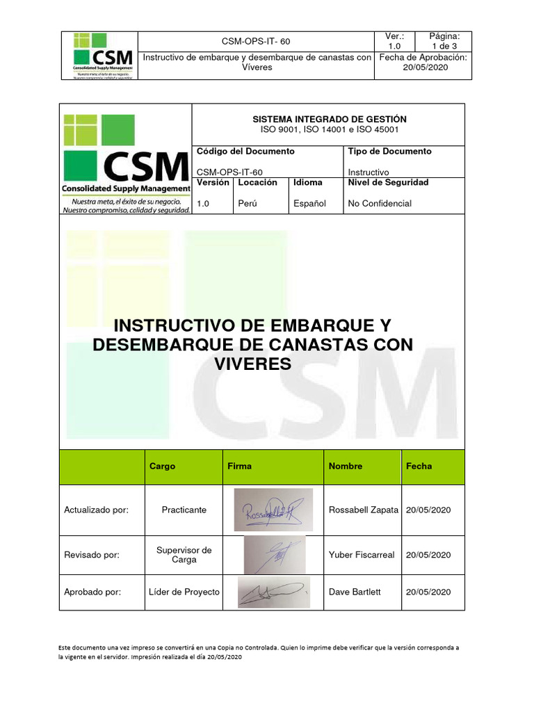 CSM-OPS-IT-60 Instructivo de Embarque y Desembarque de Canastas Con Víve... | PDF | Tecnología