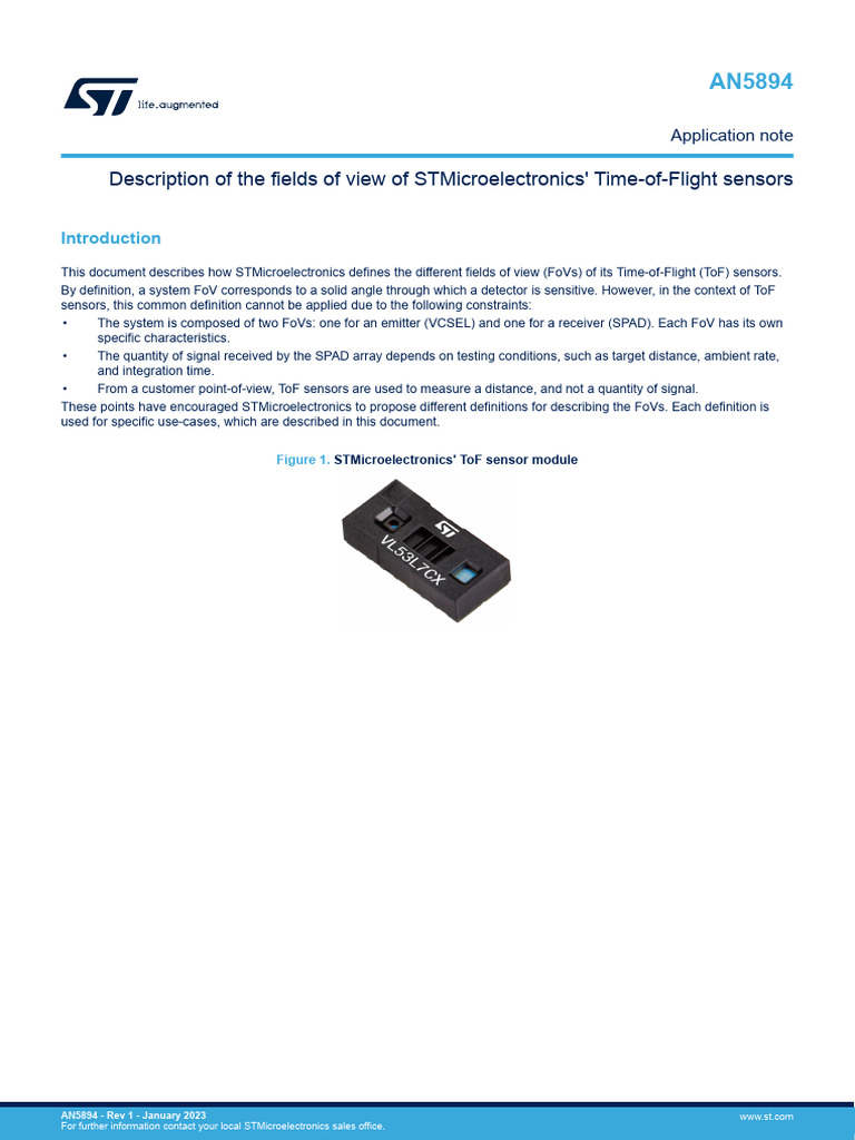 An5894 Description of The Fields of View of Stmicroelectronics Timeofflight Sensors ...