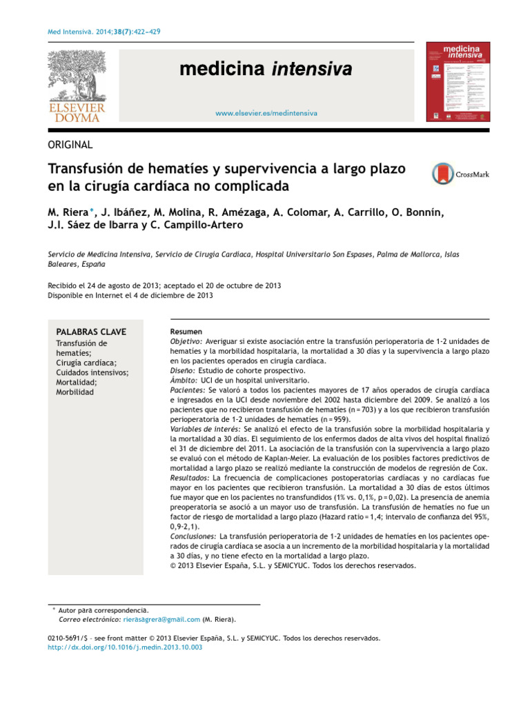 Transfusión y Cirugía Cardíaca | PDF | Unidad de Cuidados Intensivos ...