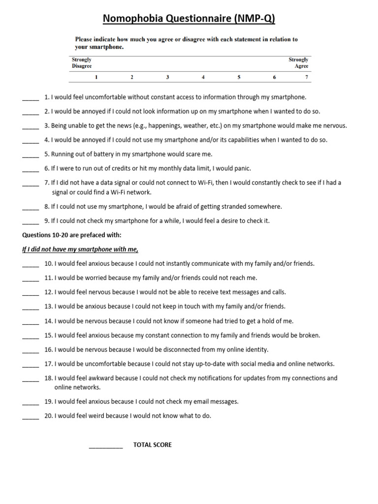 Nomophobia Questionnaire (NMP-Q) Guide | PDF | Social Media | Popular ...