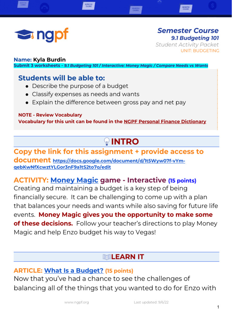 Budgeting Student - 9.1 Student Activity Packet - Kyla Burdin | PDF ...