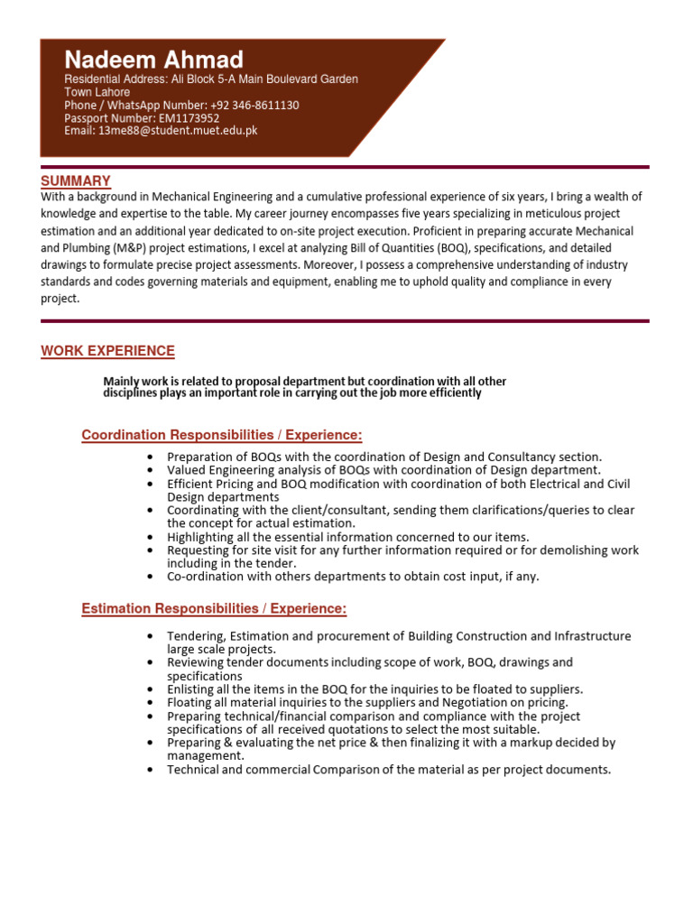 Estimation Engineer Cv | PDF | Specification (Technical Standard ...