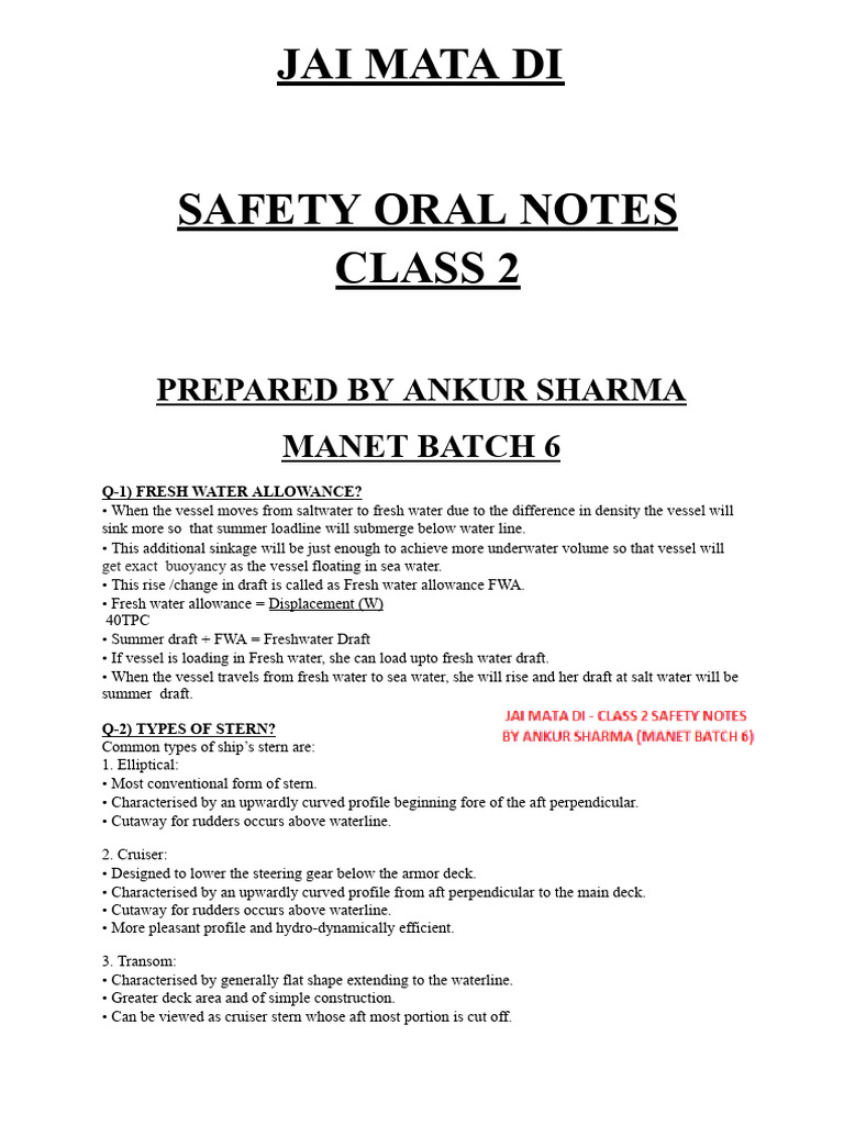 ?Ankur Sharma- Safety Oral Notes Class 2 | PDF | Ships | Pump ?Ankur Sharma- Safety Oral Notes Class 2 | PDF | Ships | Pump