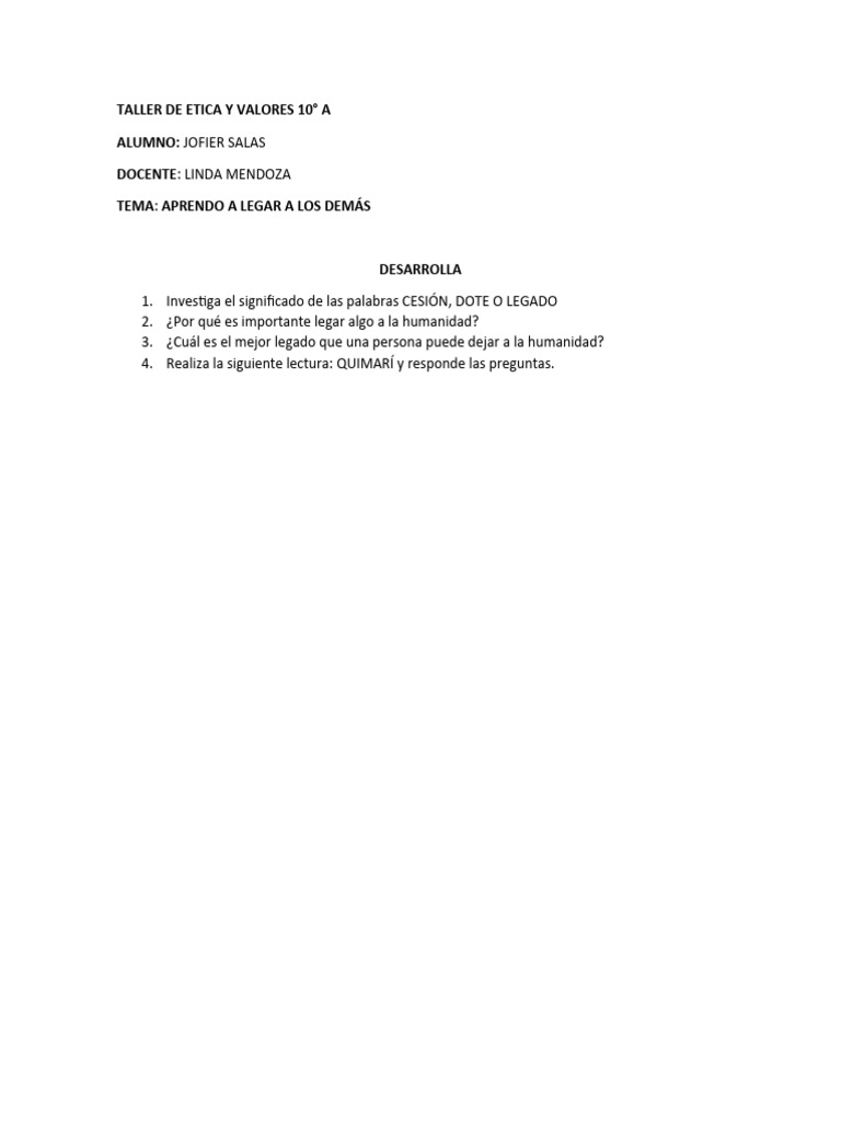 Taller de Etica y Valores 10 | PDF