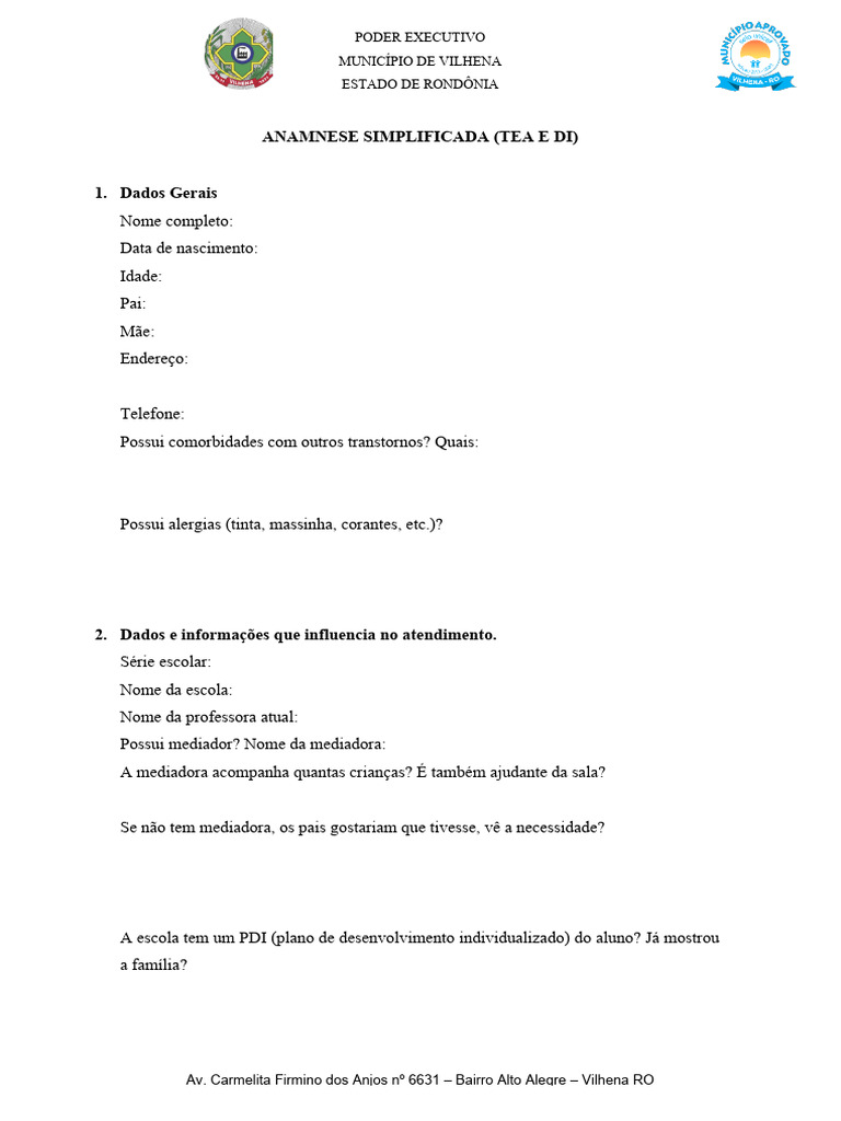 Anamnese Simplificada Tea e Di | PDF | Espectro do autismo