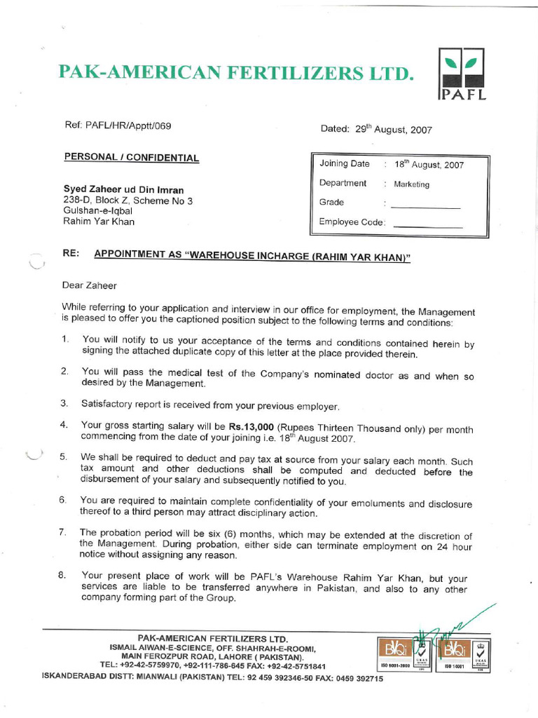 Pak American Appointment Letter | PDF