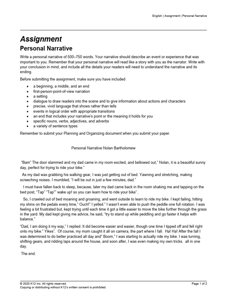 Nolan Personal Narrative | PDF | Narrative | Linguistic Typology