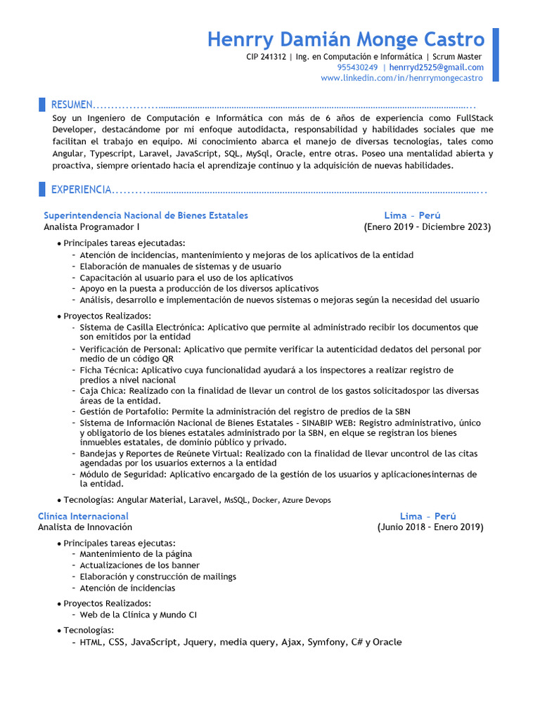 CV - HENRRY MONGE CASTRO | PDF | Informática | Mi sql