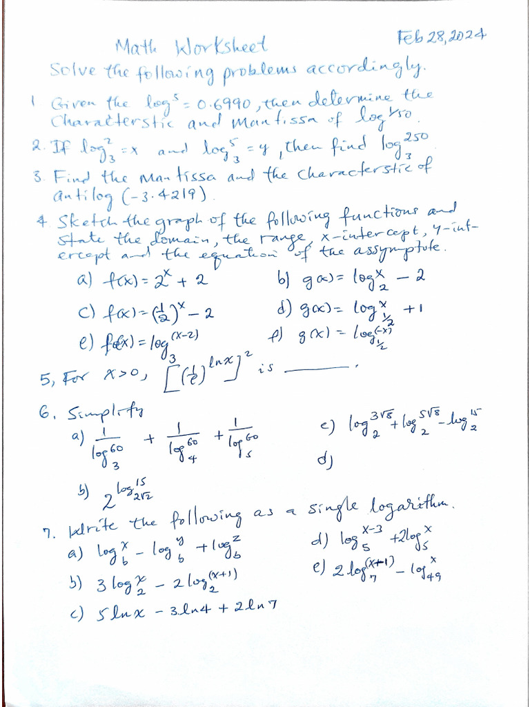 Worksheet On Exponential and Logarithm Function | PDF