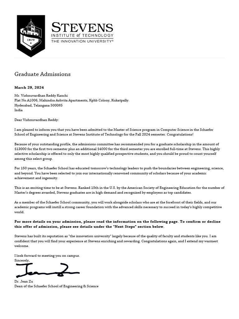 Stevens Graduate Admission & Scholarship Offer | PDF | Academic Degree