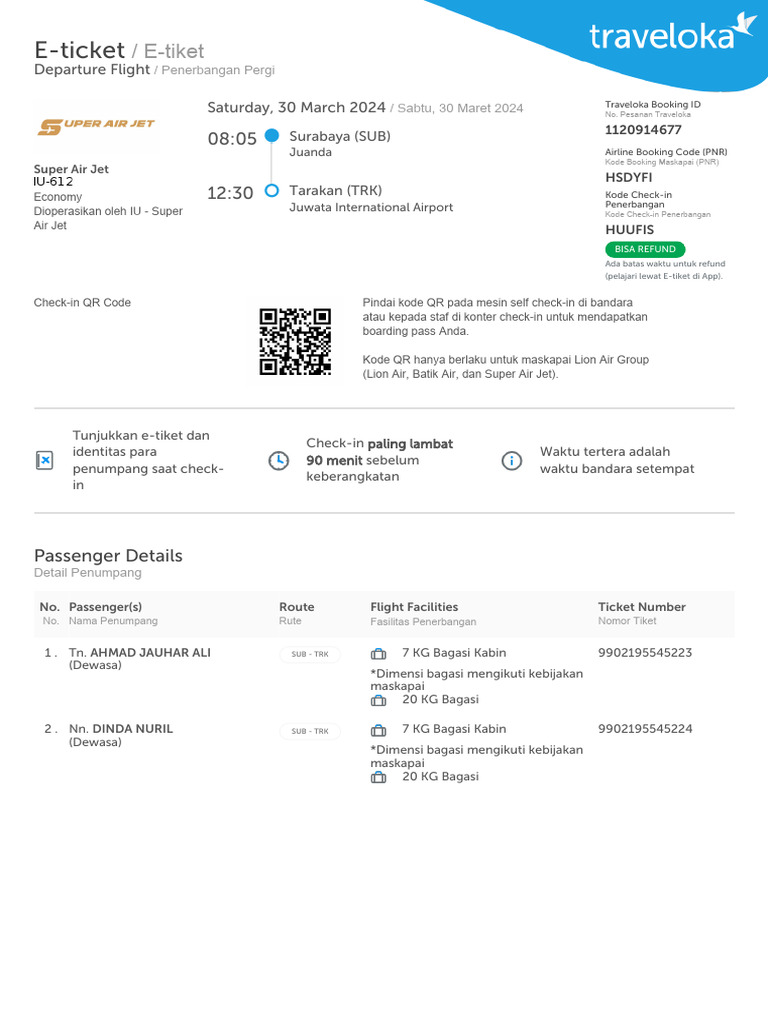 E-Tiket Penerbangan Super Air Jet | PDF