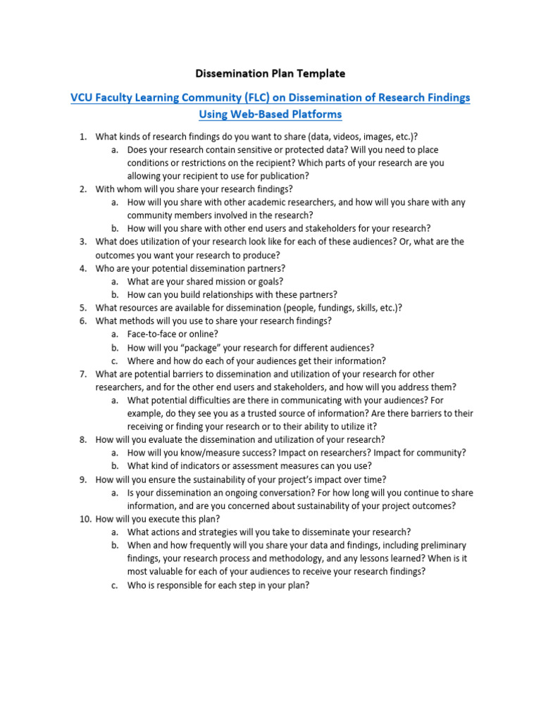 Research Dissemination Plan Template | PDF | Information | Sustainability