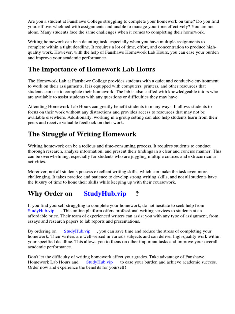 Fanshawe Homework Lab Hours | PDF | Homework | Expert