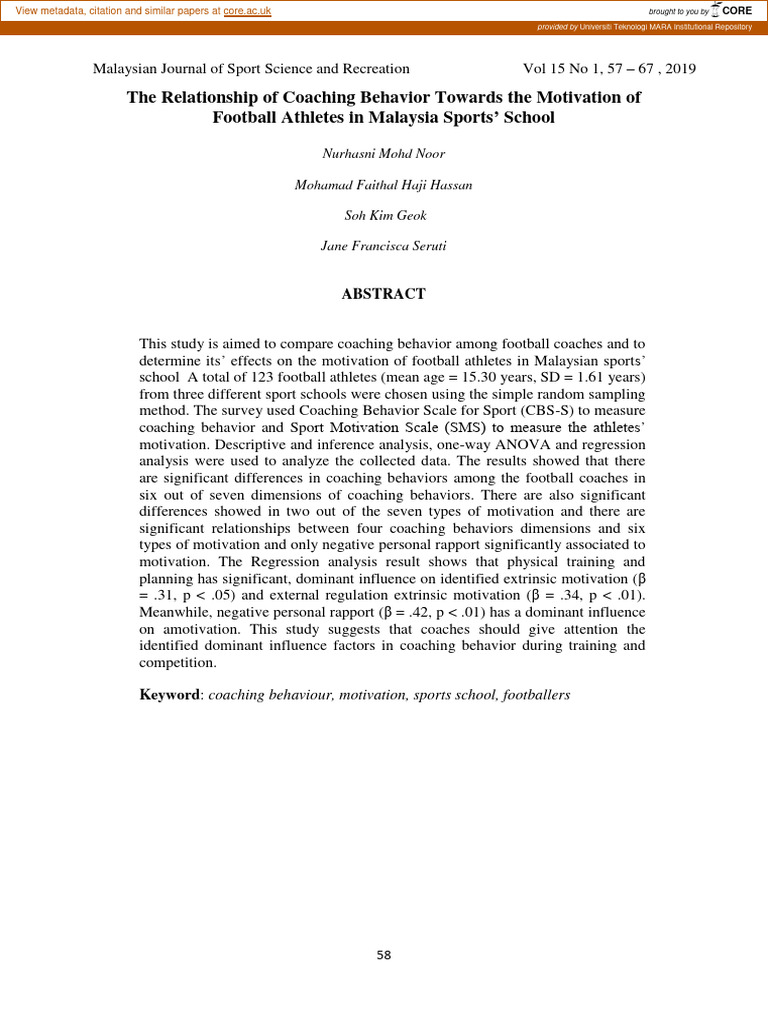 The Relationship of Coaching Behavior Towards The Motivation of ...