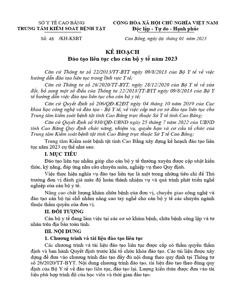 Ke Hoach Dao Tao Lien Tuc 2023 - TTKSBT Cao Bang | PDF